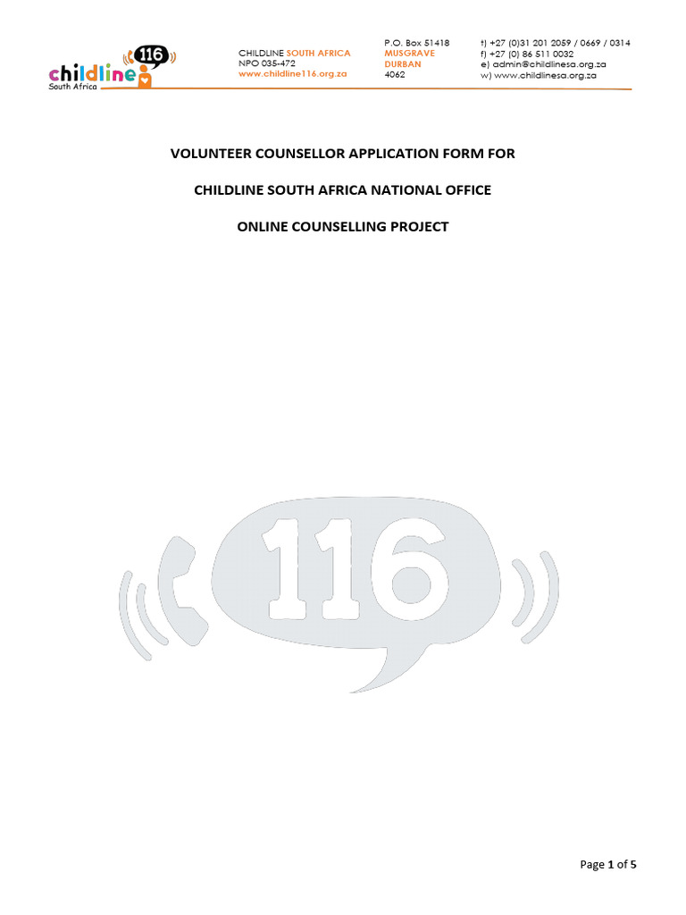 Childline SA Volunteer Counsellor Form | PDF | Social Media | Popular ...