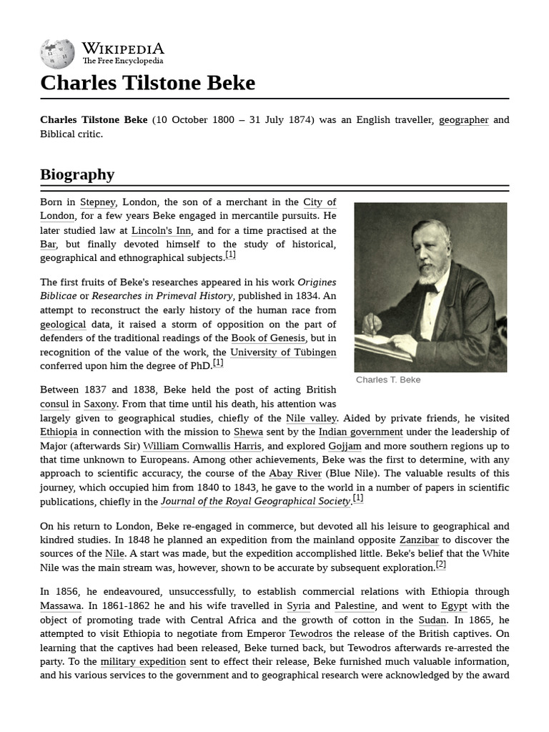 Charles Tilstone Beke: Explorer & Geographer | PDF