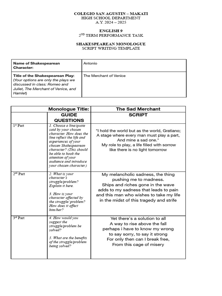 9a Cabrera Monologue Script | PDF | The Merchant Of Venice