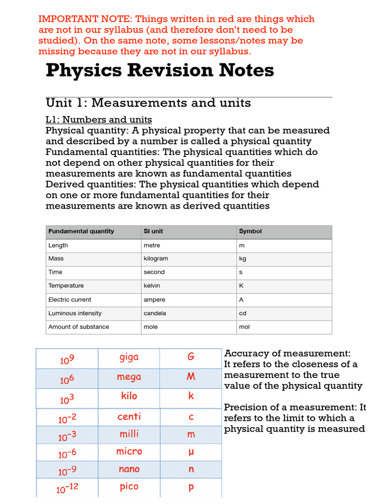 Physics Revision Notes: Key Concepts | PDF | Gases | Force