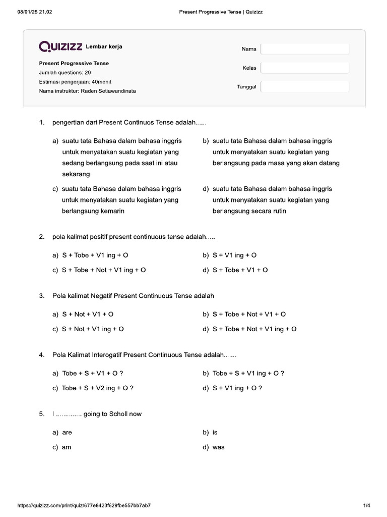 Present Progressive Tense - Quizizz | PDF