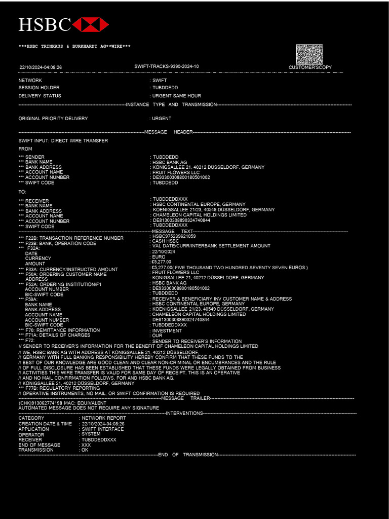 HSBC Wire Transfer to Fruit Flowers LLC | PDF | Wire Transfer | Banking