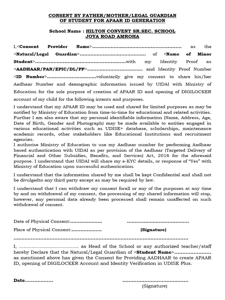APAAR ID Consent Form for Guardians | PDF | Privacy | Justice