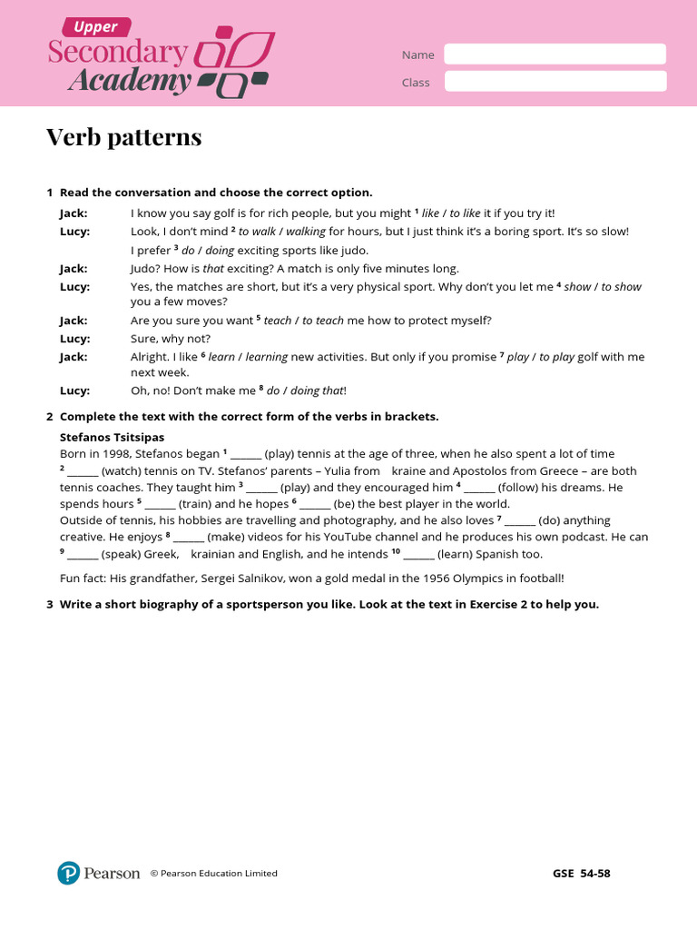 SecondaryAcademy L3 Verb Patterns 1 Worksheet | PDF