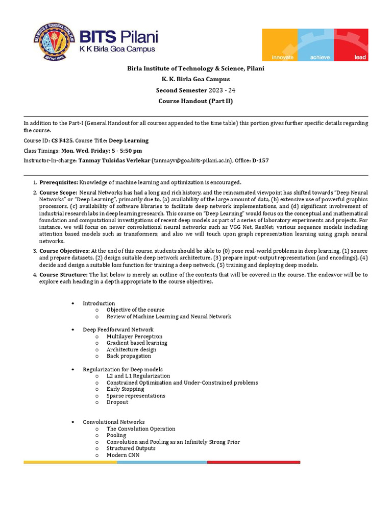 CS F425 - Deep Learning - (Tanmay Tulsidas Verlekar) - 2023 - 2 | PDF | Artificial Neural ...