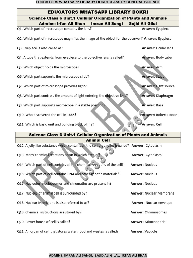 Class 6 General Science: Cell & Senses | PDF | Cell (Biology) | Mixture