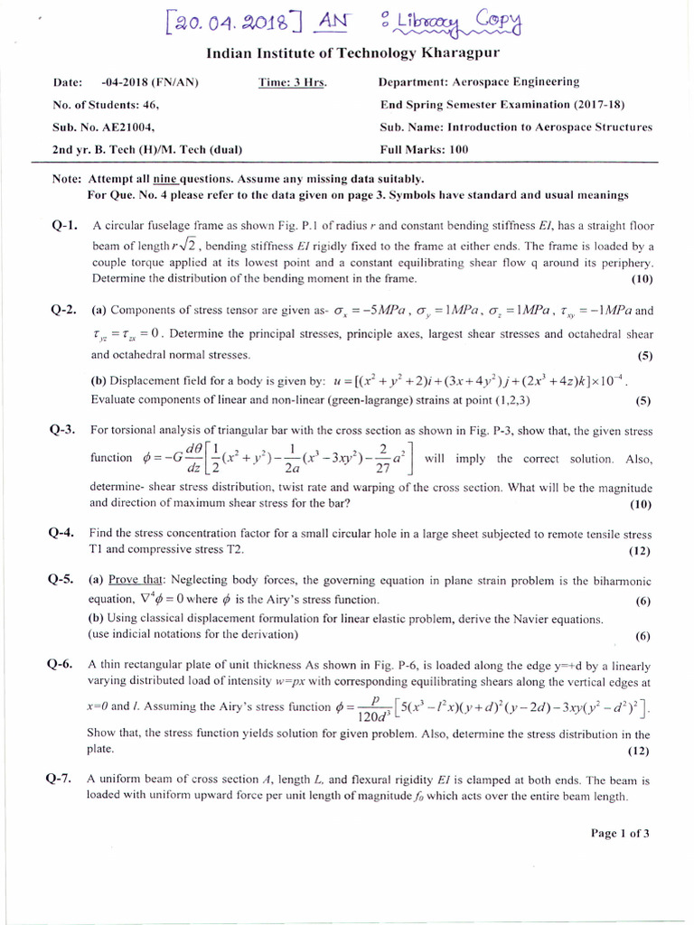 IIT Kharagpur Aerospace Structures Exam | PDF | Stress (Mechanics ...