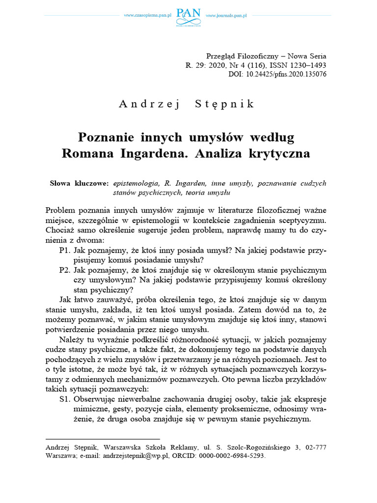 Stepnik A. Poznanie Innych Umysłów WG Ingardena. Przeg - Filoz.,2020 | PDF