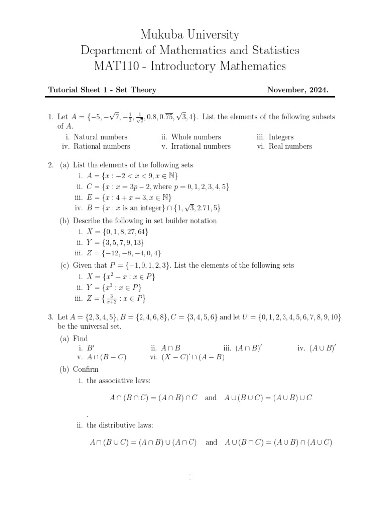 Tutorial Sheet1 Mu Ma110 Pdf Numbers Mathematical Logic