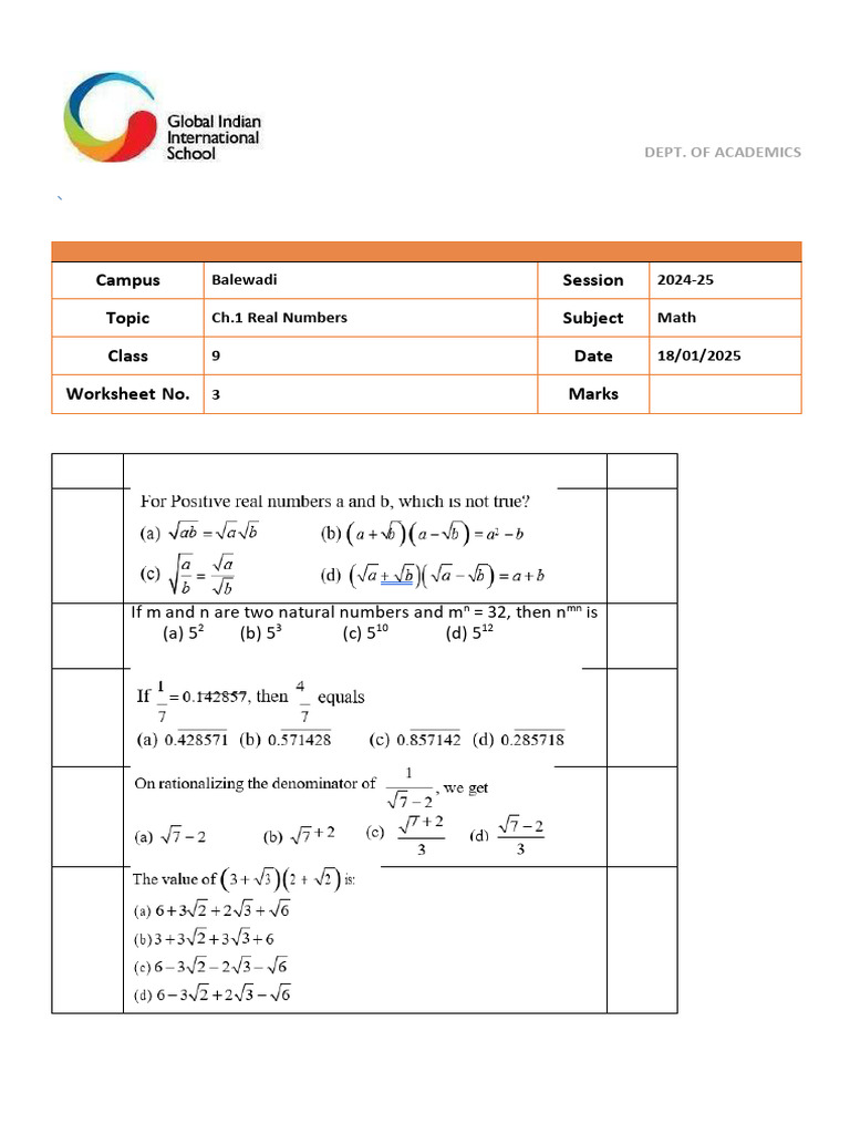 Revision Worksheet 3 - Gr9 - Math - AE - 2024-25 | PDF