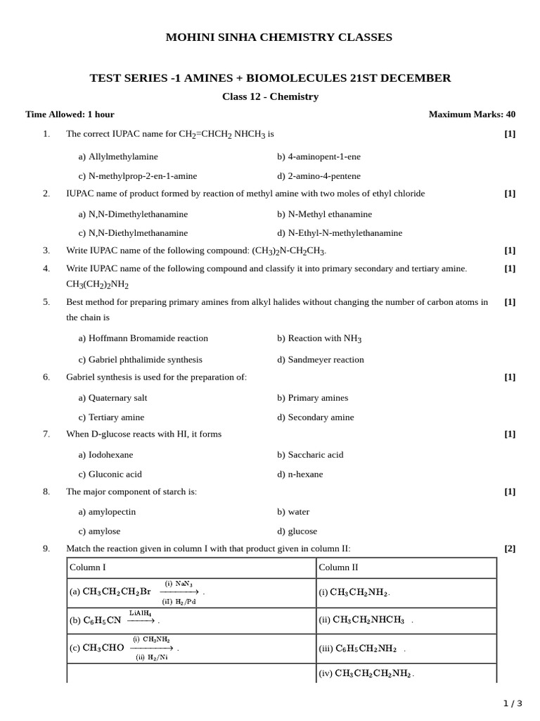 Test Series 1 (Amines and Biomolecules) QP 21ST December | PDF ...