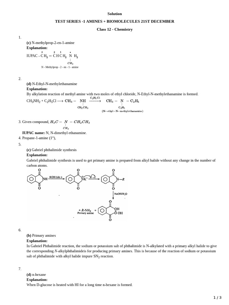 Test Series 1 (Amines and Biomolecules) SP 21ST December | PDF | Amine ...