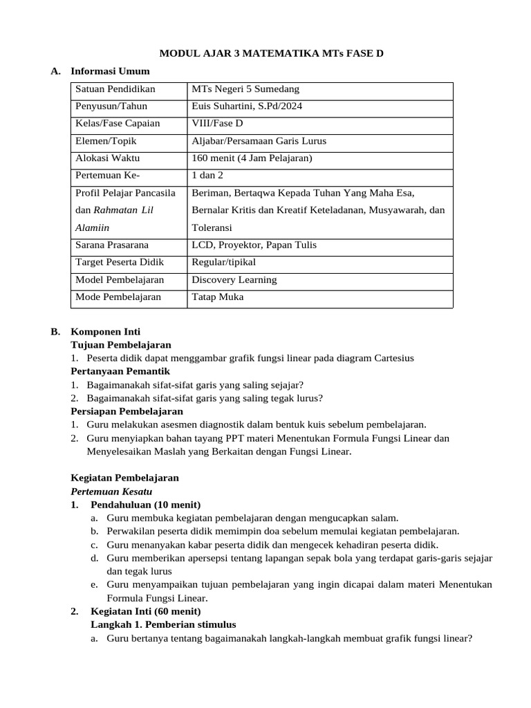 Jadi Modul Ajar BAB 3 PERS. GARIS LURUS | PDF