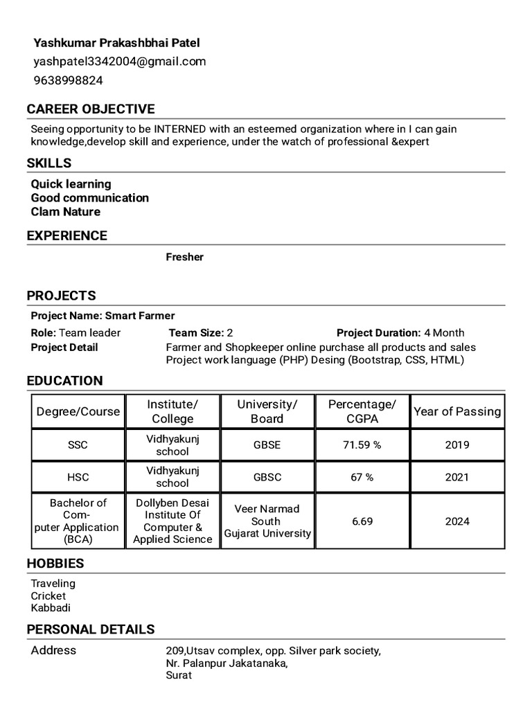 Yashkumar Patel's Internship Resume | PDF