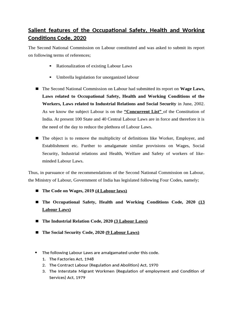 Salient Features of OSH Code 2020 | PDF | Employment | Labour Law