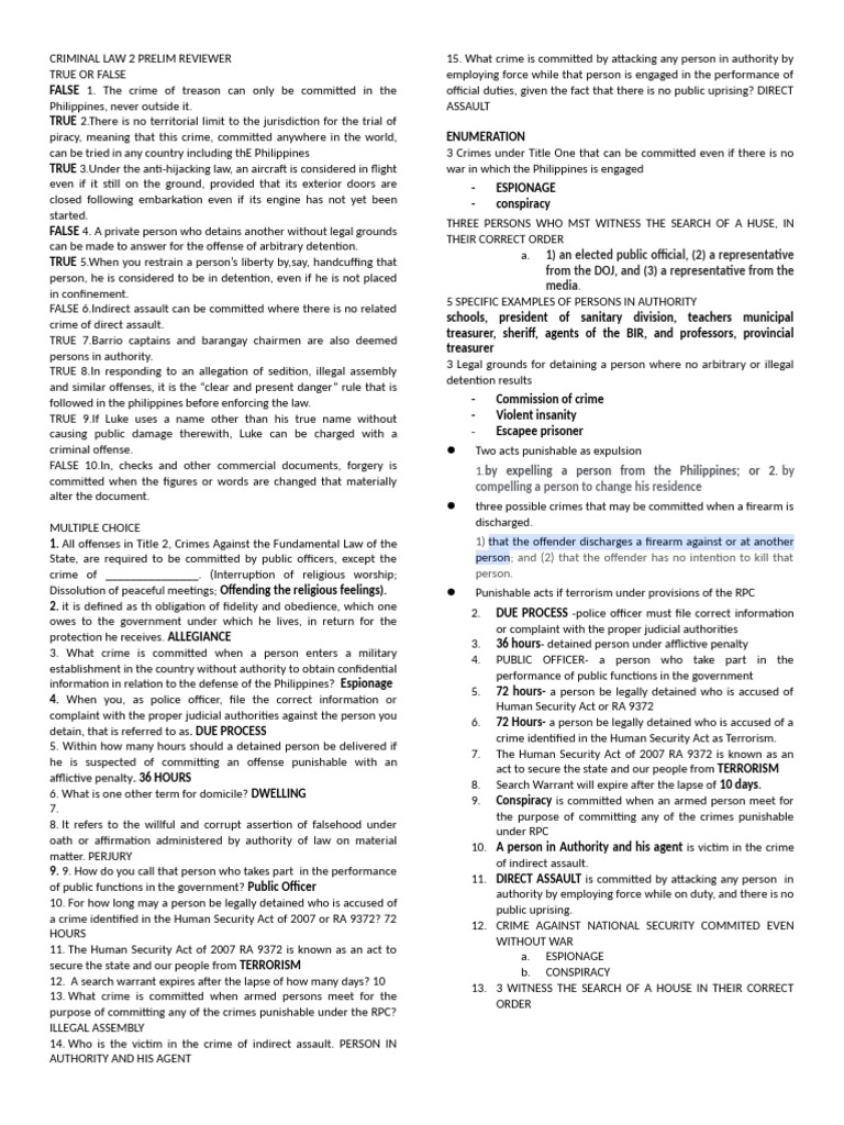 Criminal Law 2 Prelim Reviewer | PDF | Crimes | Crime & Violence