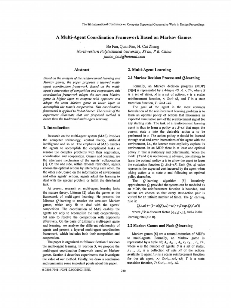 A Multiagent Coordination Framework Based On Markov Games | PDF | Cognition | Learning