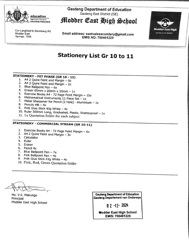 Stationery List for Grades 10-11 | PDF