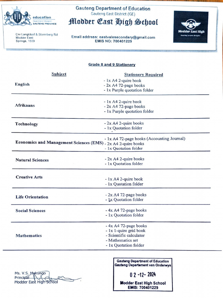 Grade 8-9 Stationery List for Modder East High | PDF | Science