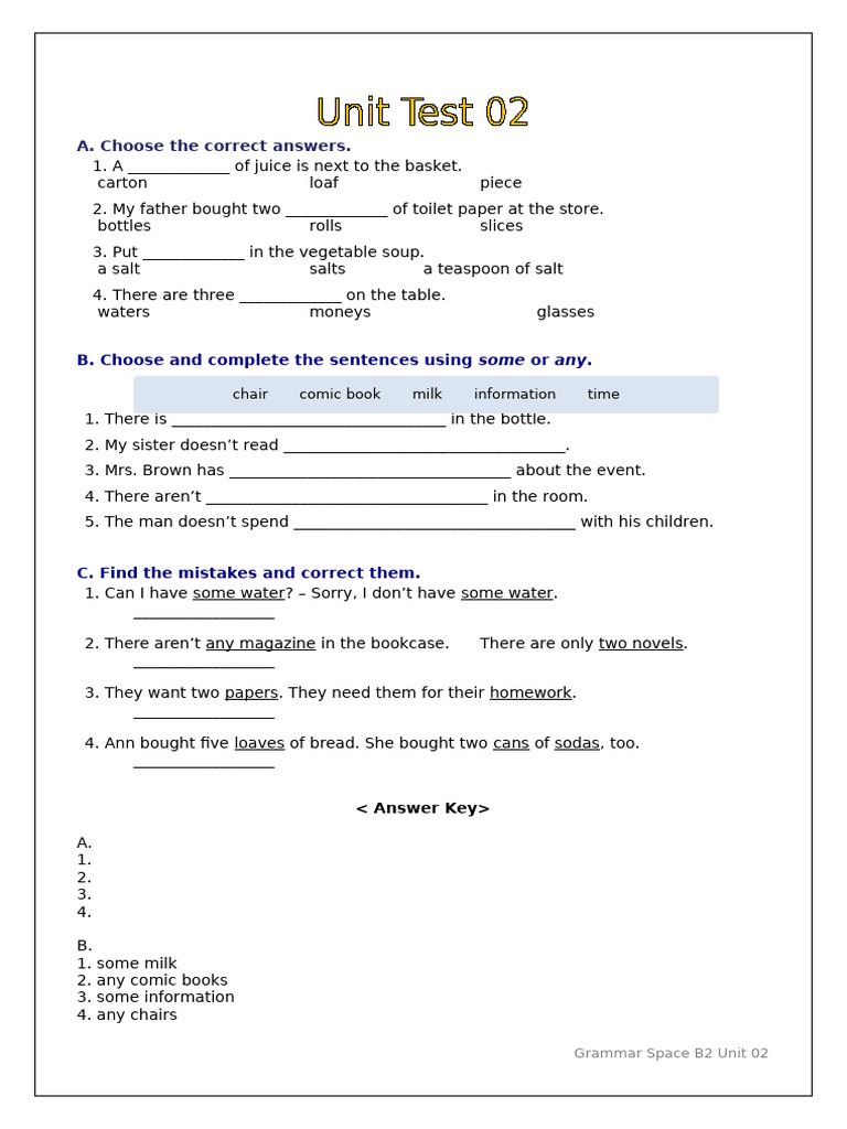 Grammar Space 2 - Unit Test 02 | PDF