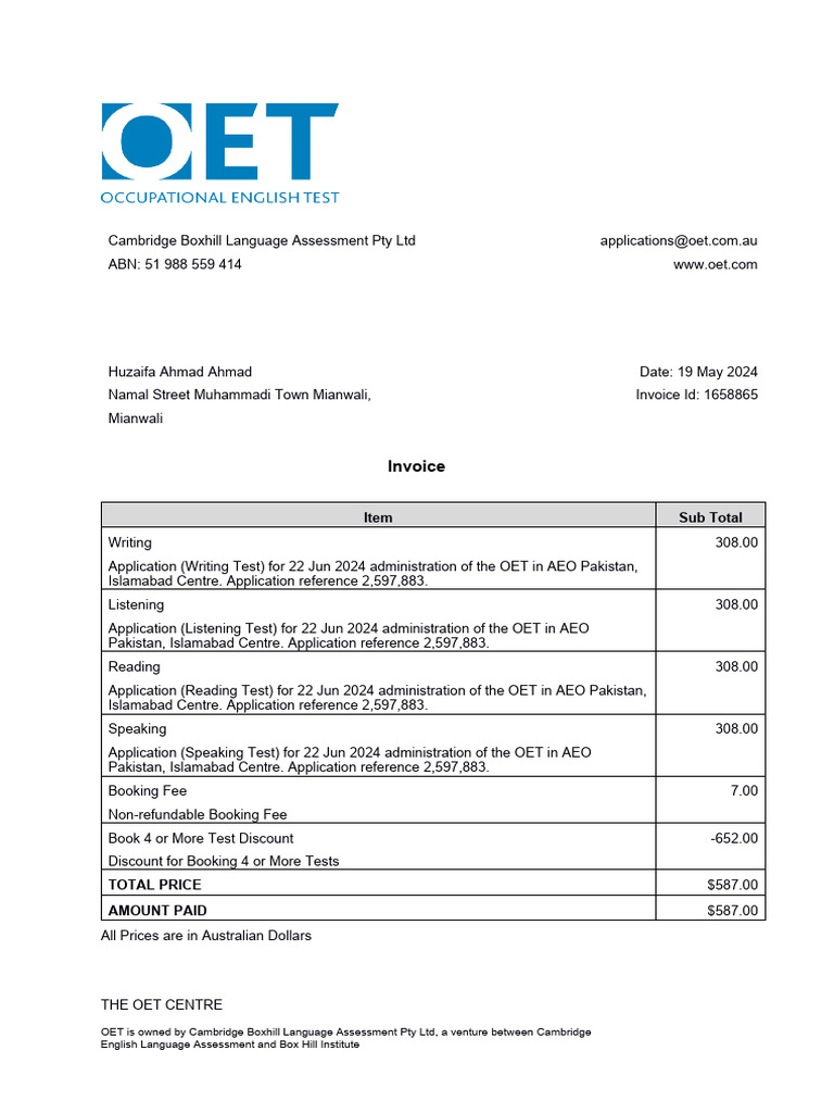 OET Test Invoice for Huzaifa Ahmad | PDF