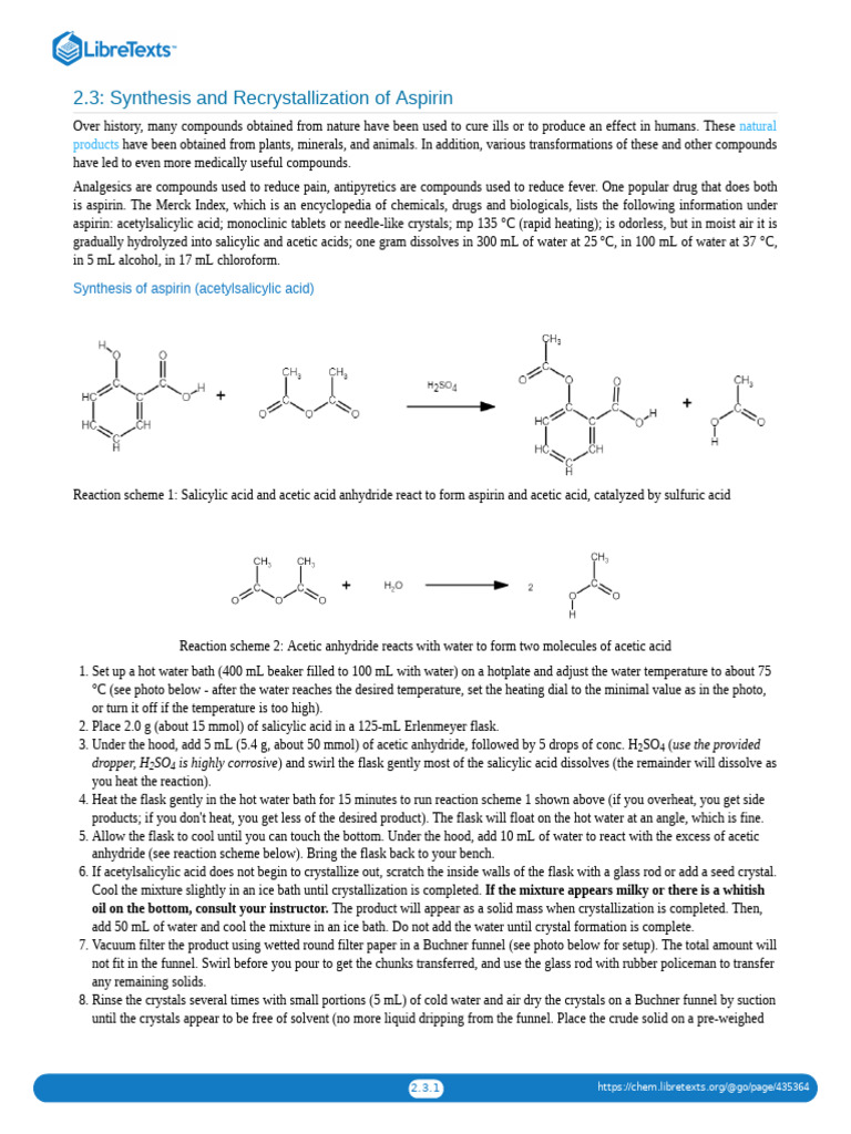 Aspirin Synthesis and Recrystallization Guide | PDF | Aspirin | Acid
