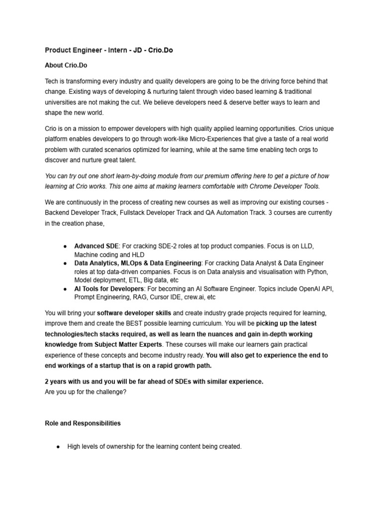 Product Engineer - Intern - JD - Crio | PDF | Learning | Methodology