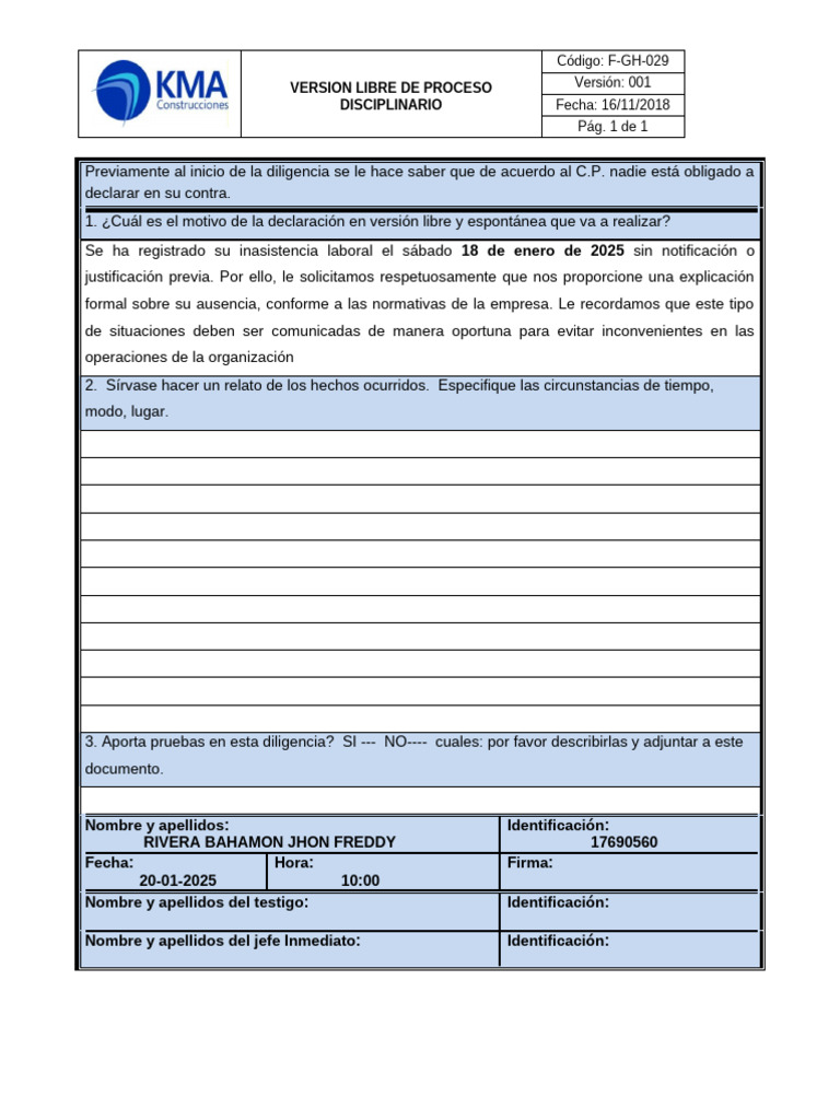 F-GH-029 Formato de Versión Libre Jhon | PDF