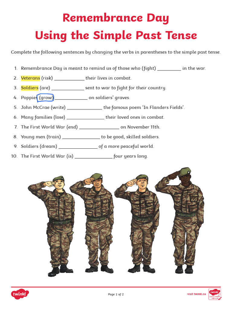 Ca2 T 251 Remembrance Day Simple Past Tense Activity Sheet English ...