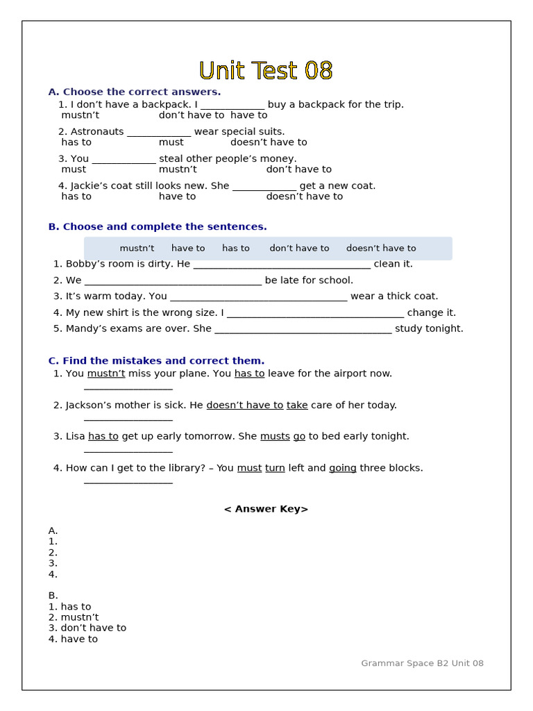 Grammar Space 2 - Unit Test 08 | PDF