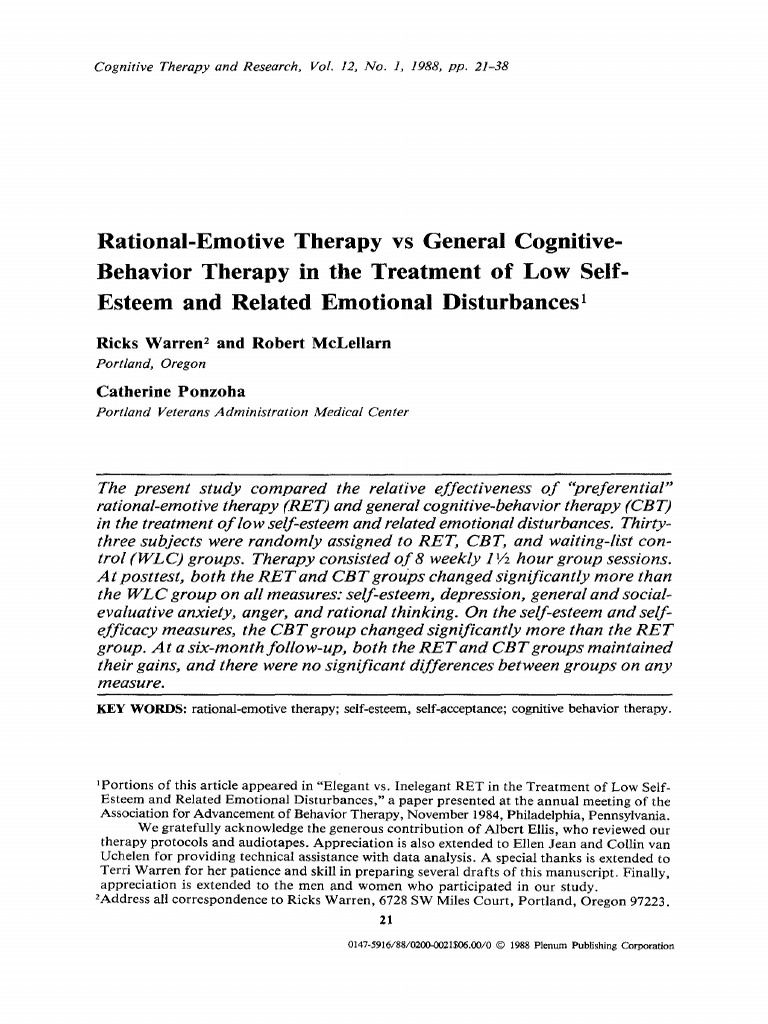 Rational-Emotive Therapy Vs General Cognitive - Behavior Therapy in The ...