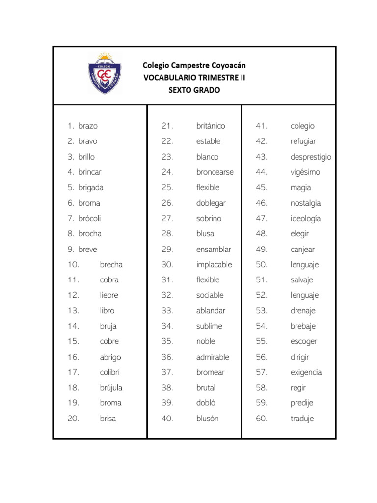 Vocabulario Sexto Grado II Coyoacán | PDF