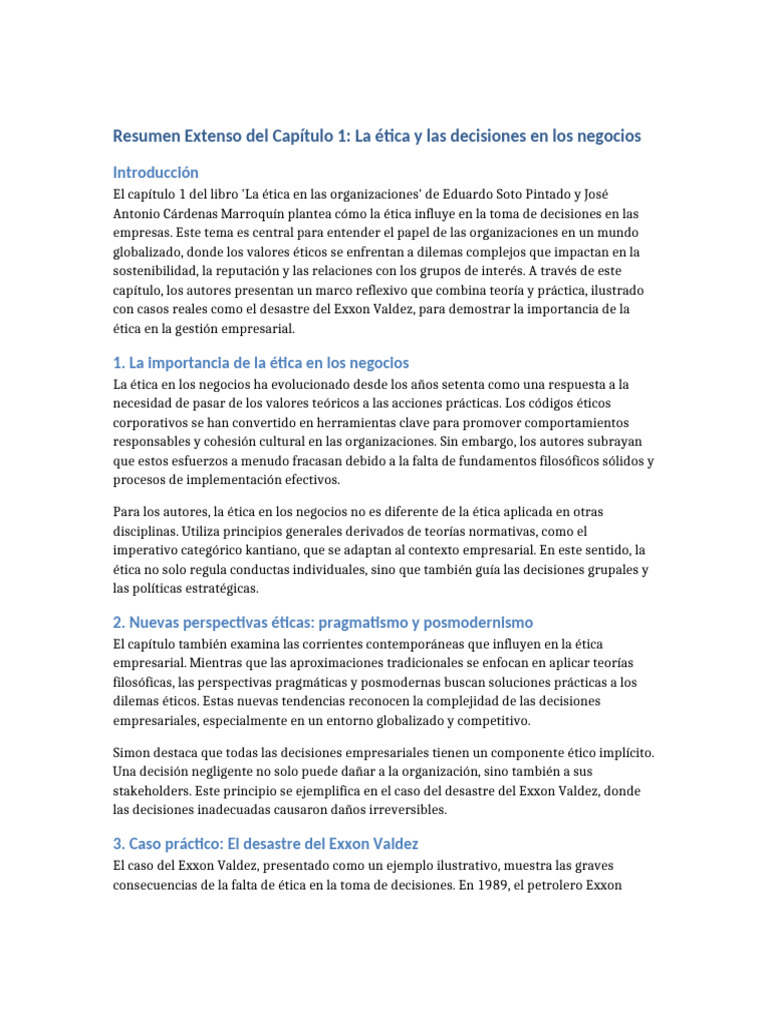 Resumen Extenso Capitulo1 Etica Negocios | PDF | Toma de decisiones | Sustentabilidad