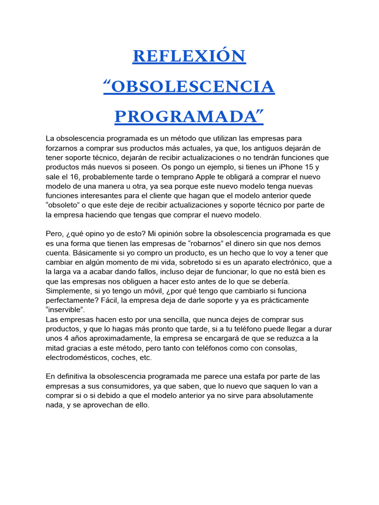 Reflexión "Obsolescencia Programada" | PDF