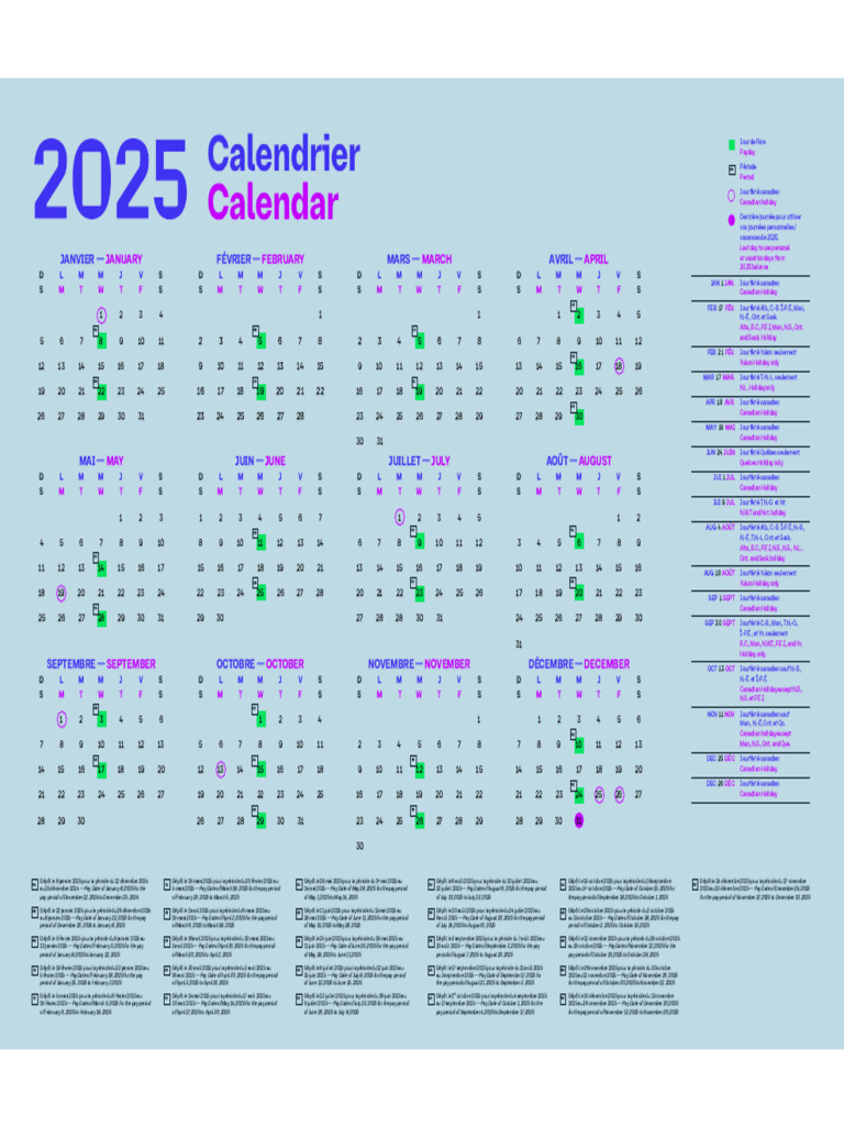 Canada Calendrier de Paie Et Jours Fériés 2025 - Canada Payroll and ...
