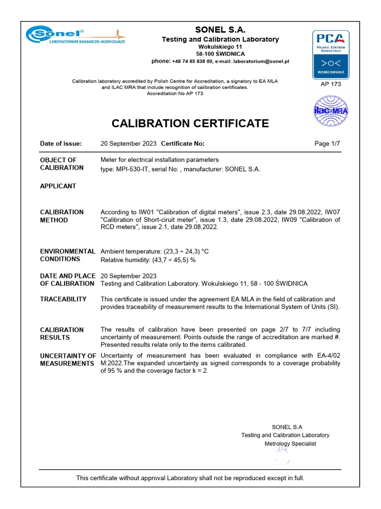 2023-20-09 c50879 Swiadectwo en Akr | PDF | Calibration | Quantity