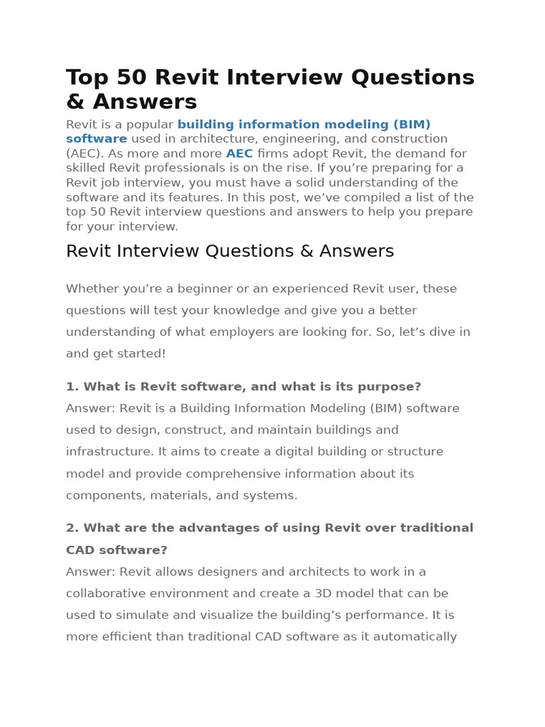 Top 50 Revit Interview Questions | PDF | Autodesk Revit | Rendering ...
