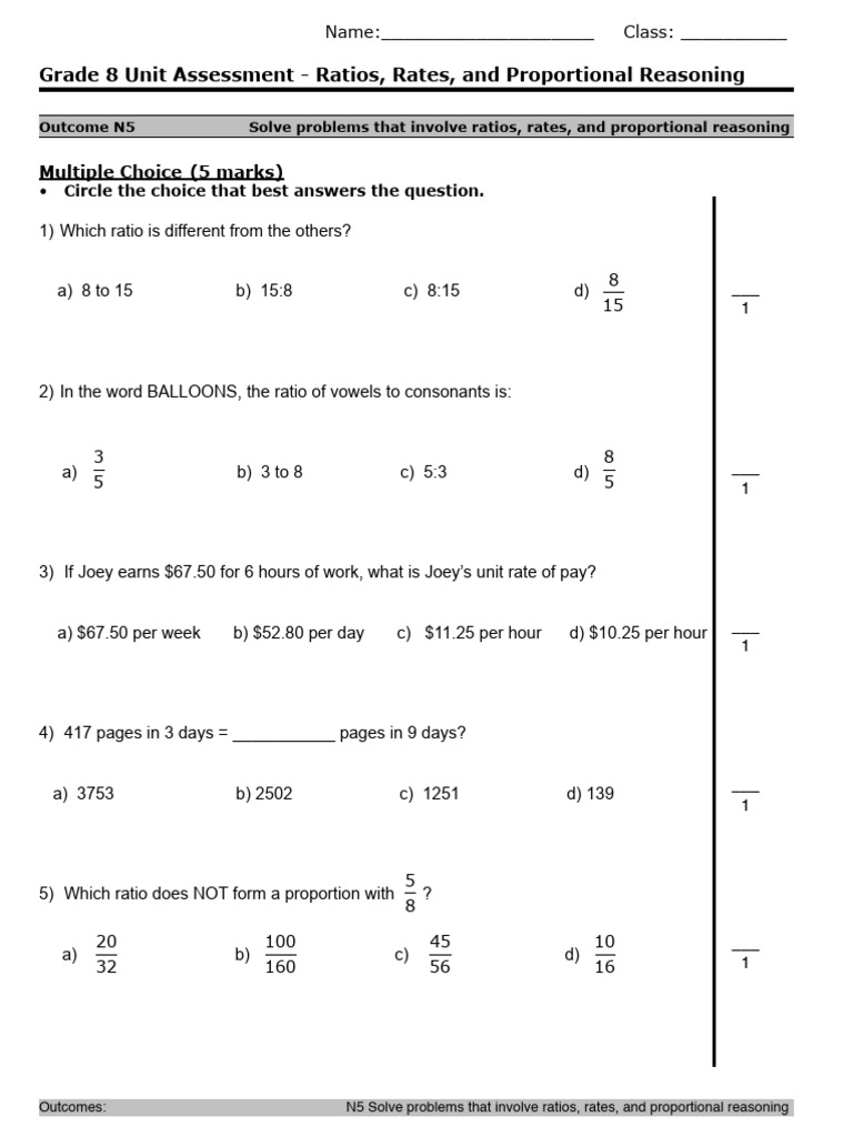 Grade 8 Unit Assessment - Ratios Rates and Proporitonal Reasoning | PDF ...