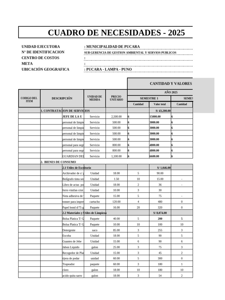 CUADRO DE NECESIDADES 2025 | PDF | Limpieza