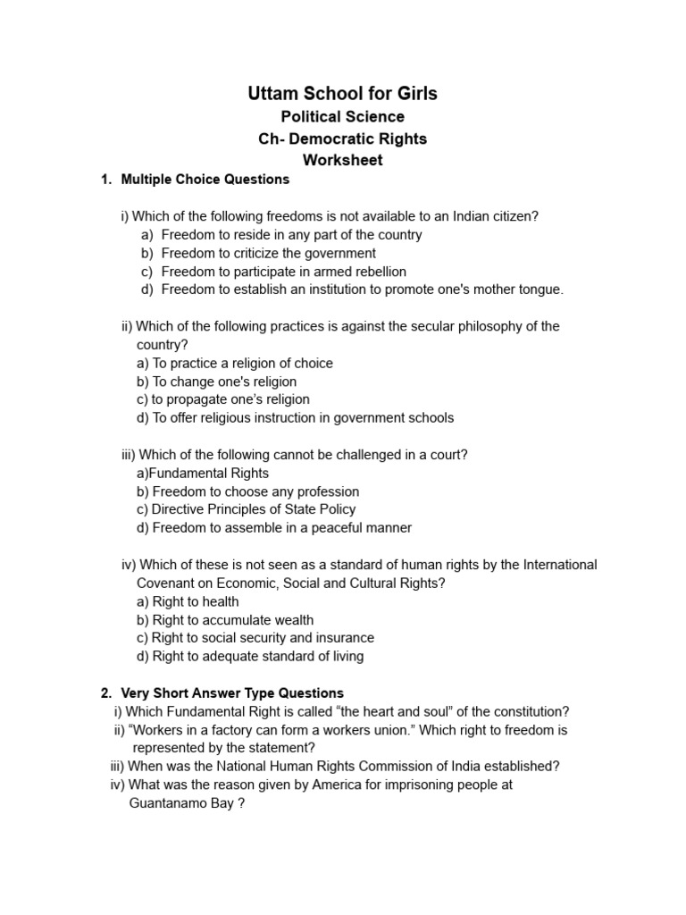 Grade IX Democratic Rights Worksheet | PDF | Rights | Democracy