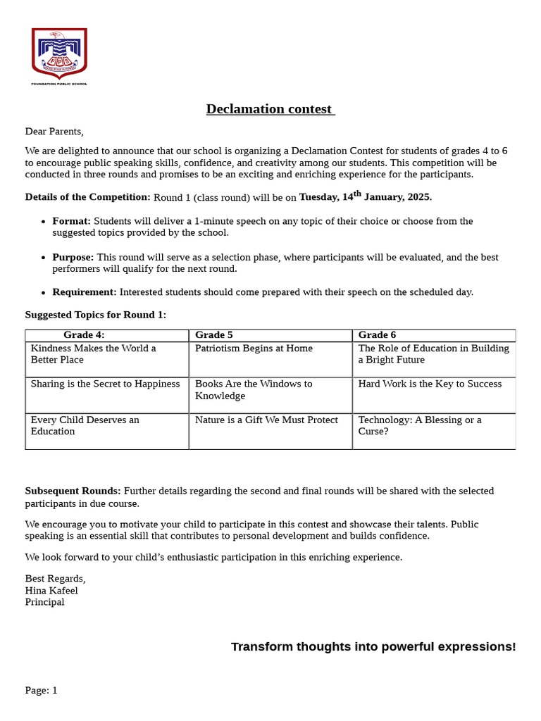 Declamation Contest: Details of The Competition: Tuesday, 14 January ...