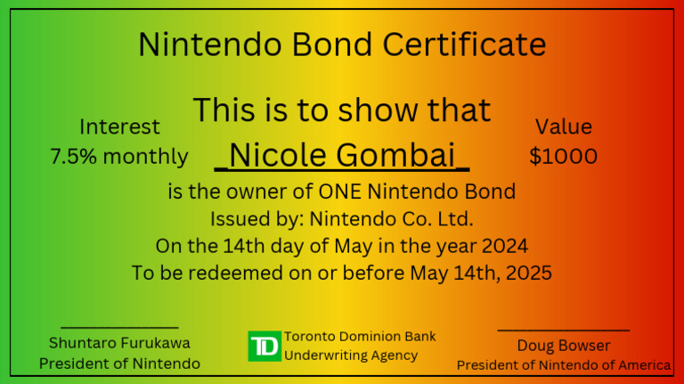 Nintendo Bond Ownership Certificate | PDF