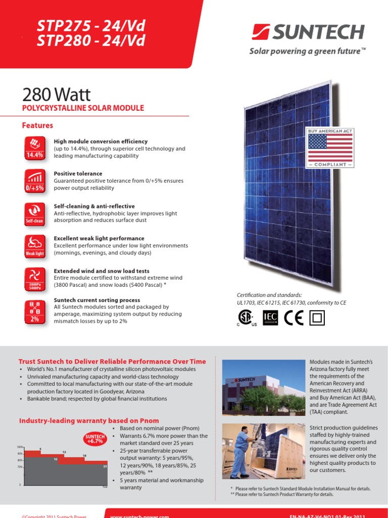 STP280 - 24Vd - UL (H4 Connector) - AZ | PDF | Solar Panel | Solar Cell