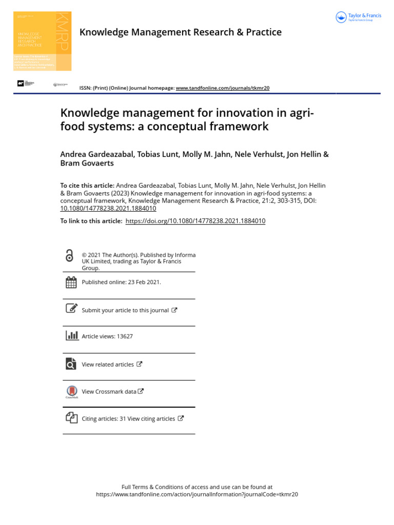 Knowledge Management For Innovation in Agri-Food Systems A Conceptual ...