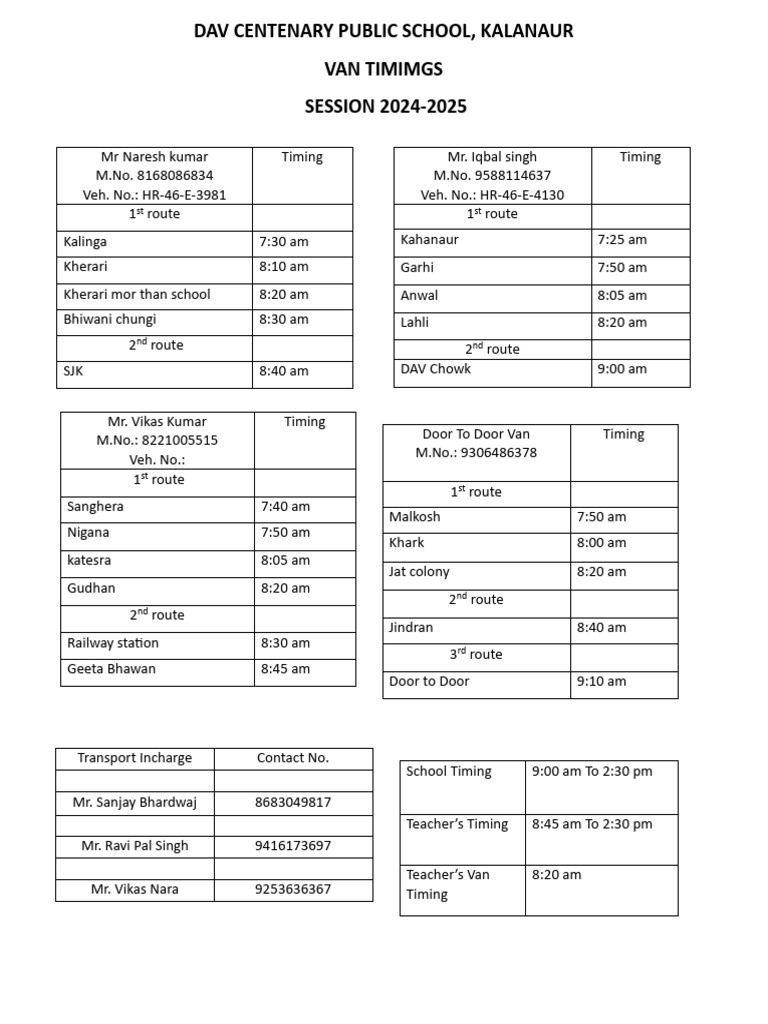 DAV Centenary School Van Timings 2024-25 | PDF