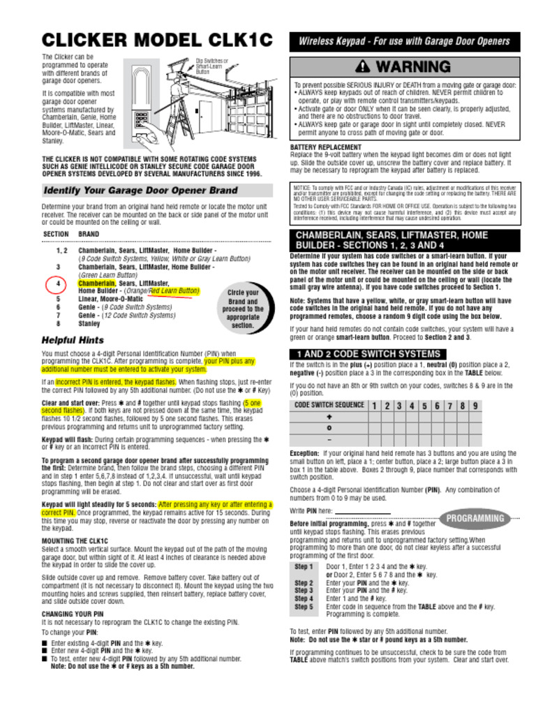 Clicker Garage Door Opener Keypad CLK1C 2005 | PDF | Personal ...