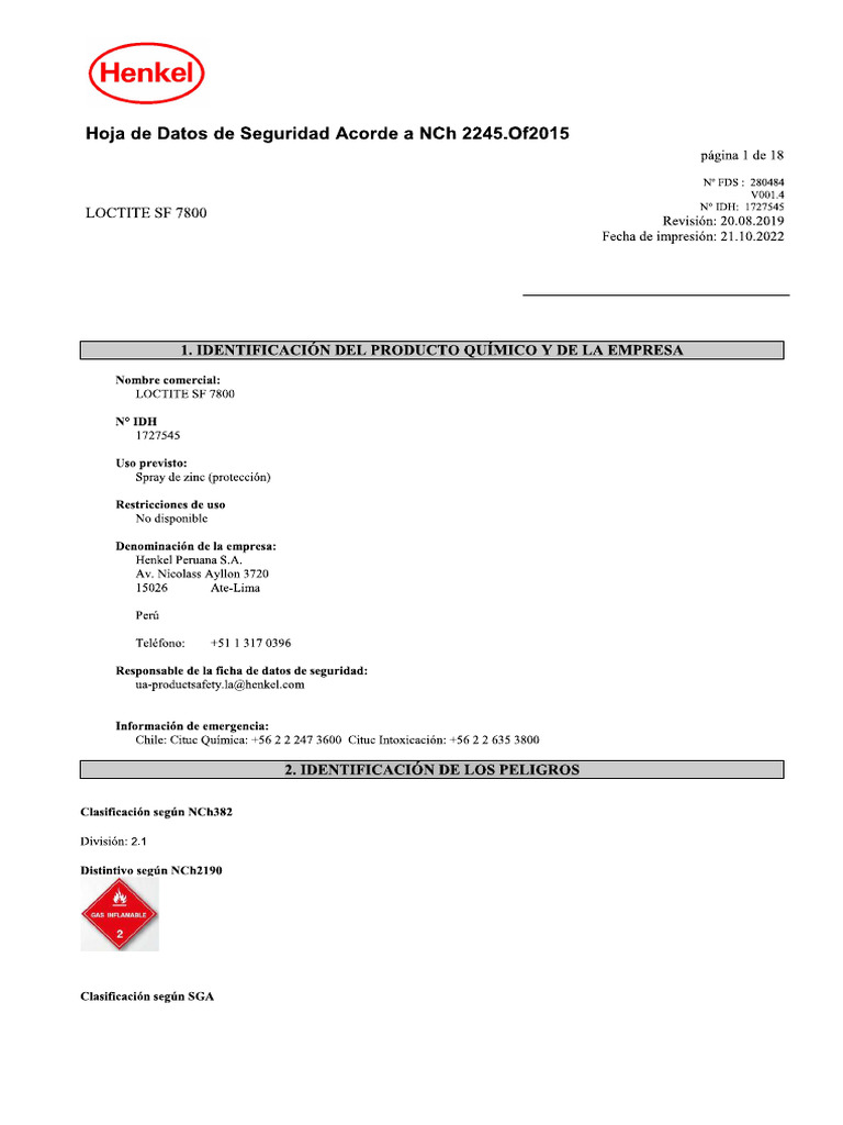 Hoja de Seguridad Loctite SF 7800 Henkel | PDF