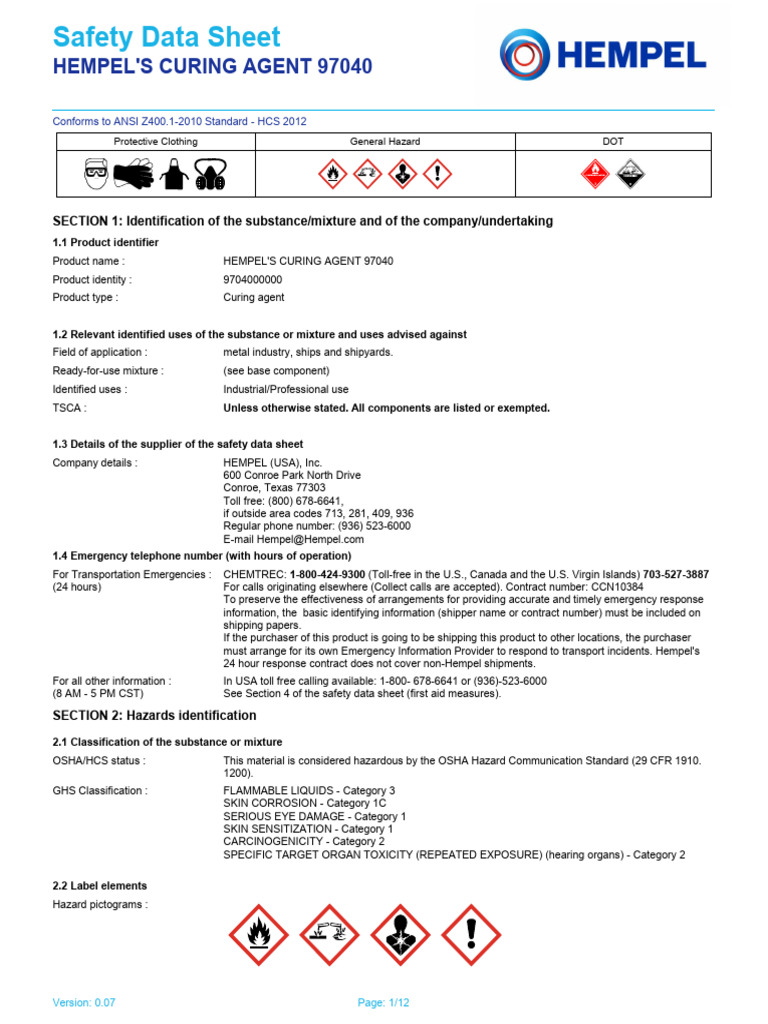 Hempel's Curing Agent Safety Data Sheet | PDF | Toxicity | Safety