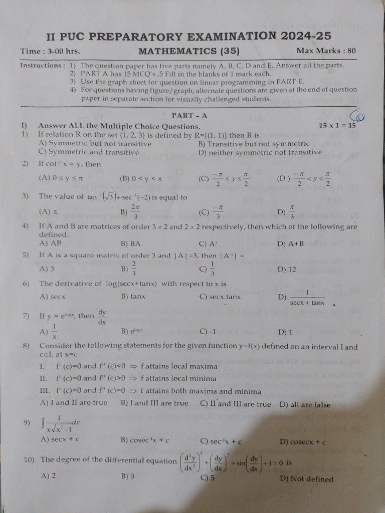 2nd Pu Maths Preporatory Exam 24-25 | PDF | Vector Space | Mathematics