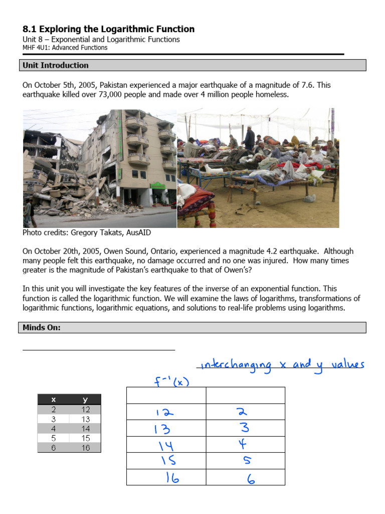 8.1 Exploring the Logarithmic Function (1) Completed Note | PDF ...
